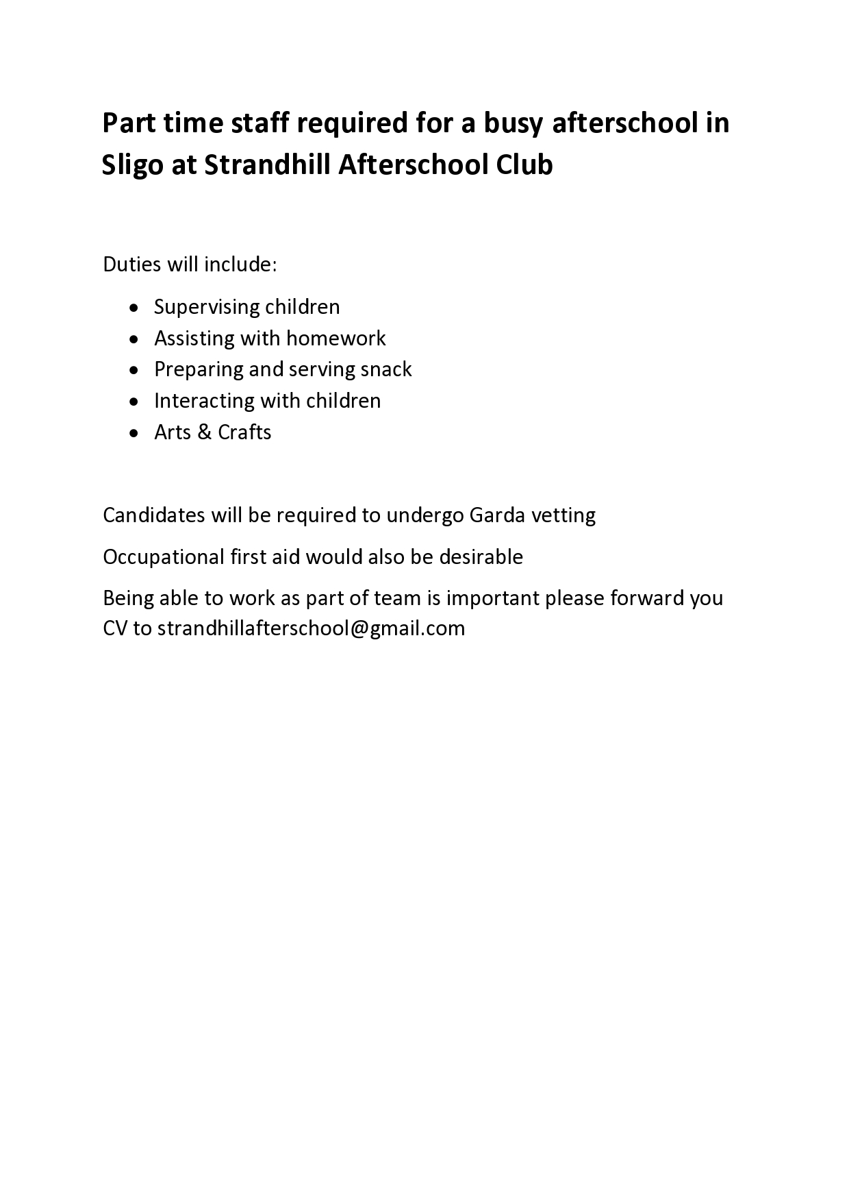 Job Advertisement | Sligo County Childcare Committee